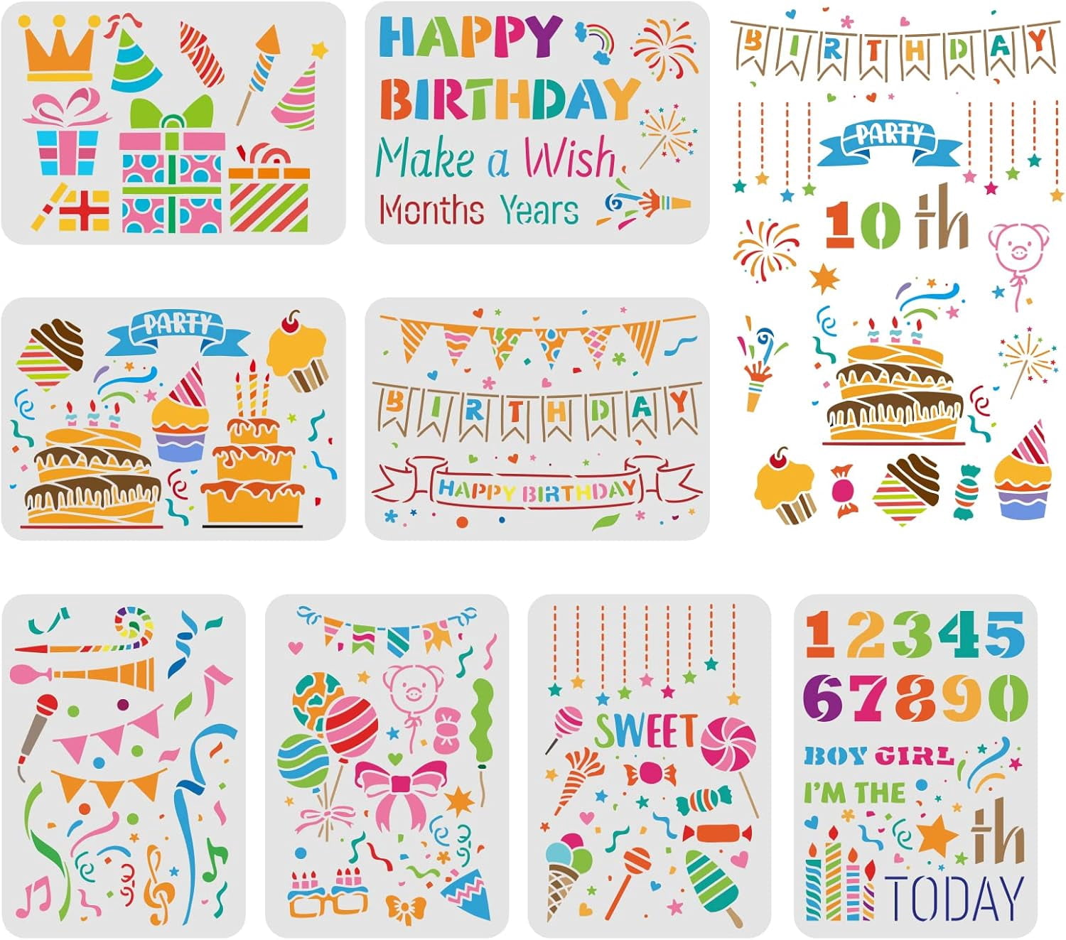8pcs Bithday Party Drawing Painting Stencils Templates (11.6x8.3inch ...
