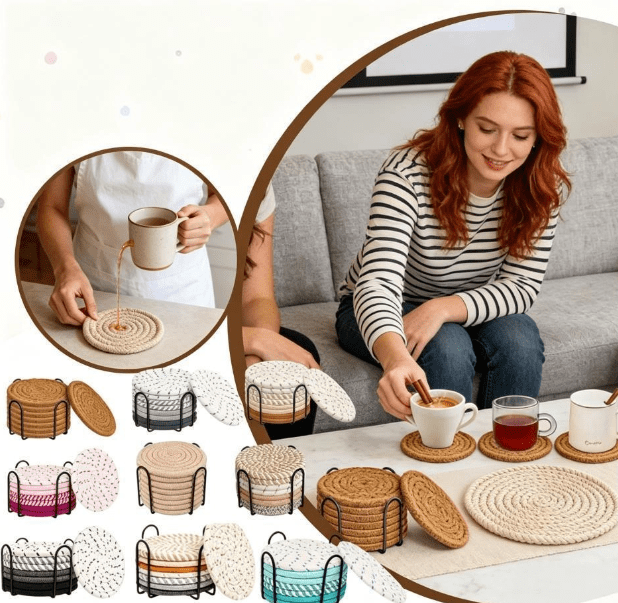 8pcs Cotton Woven Coasters for Drinks, Absorbent Coasters Set with ...