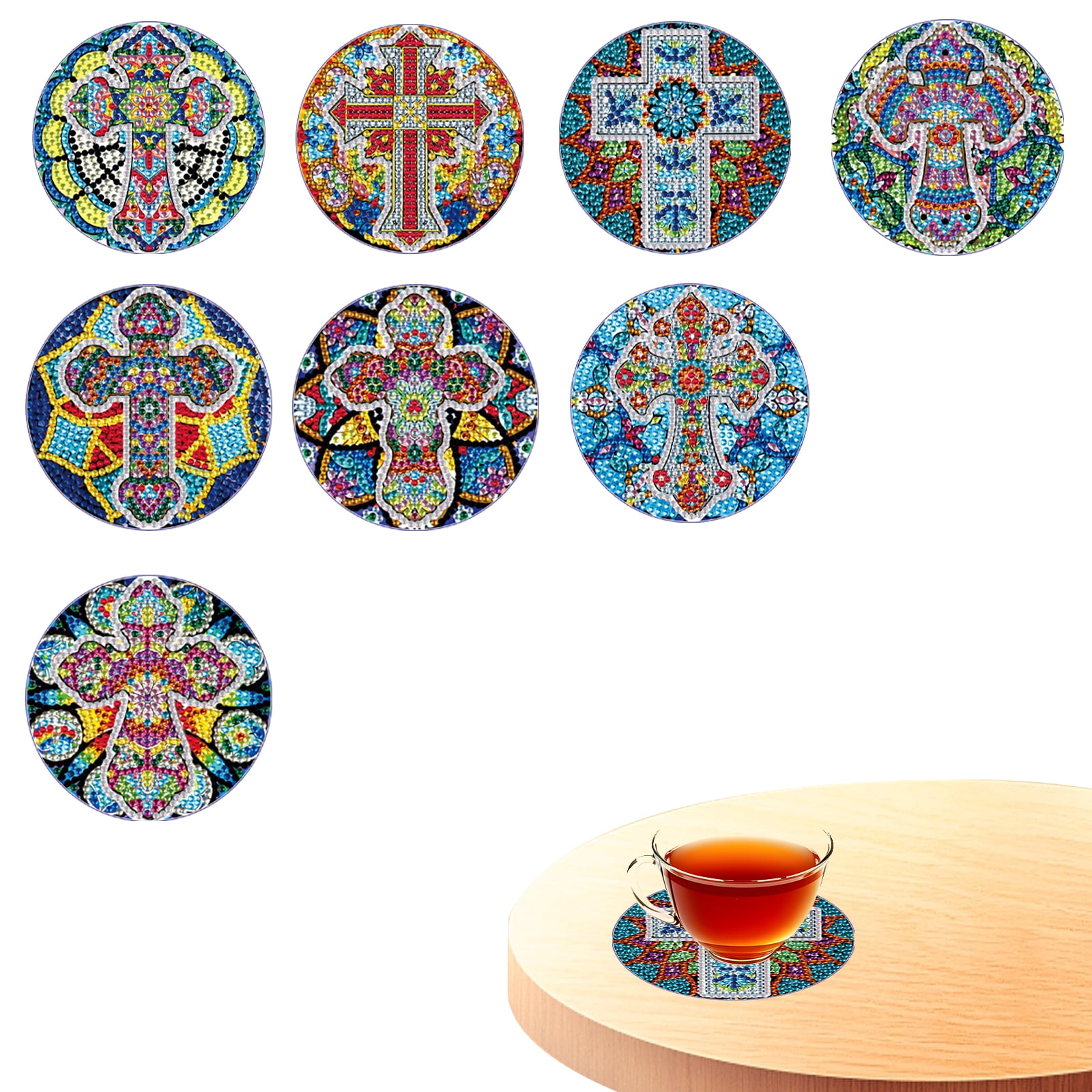 8pcs DIY Diamond Painting Coaster Kit with Floral Cross Design and ...