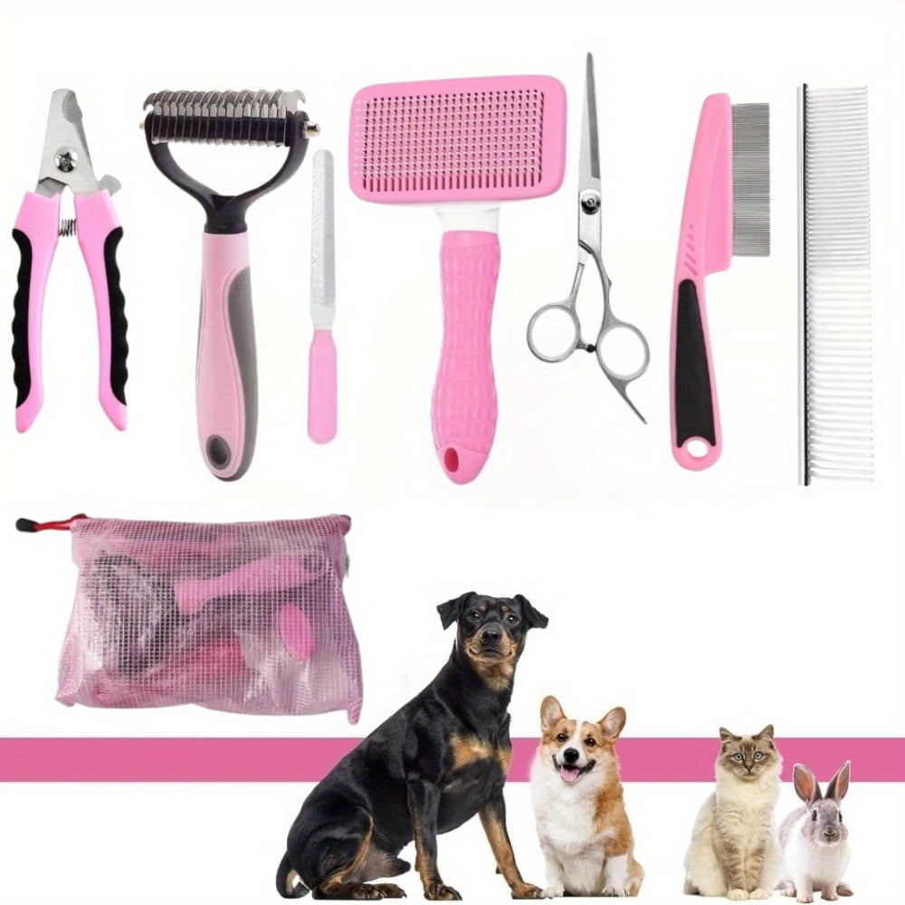 8pcs Dog Grooming Kit - Self-Cleaning Slicker Brush, Nail Clippers ...