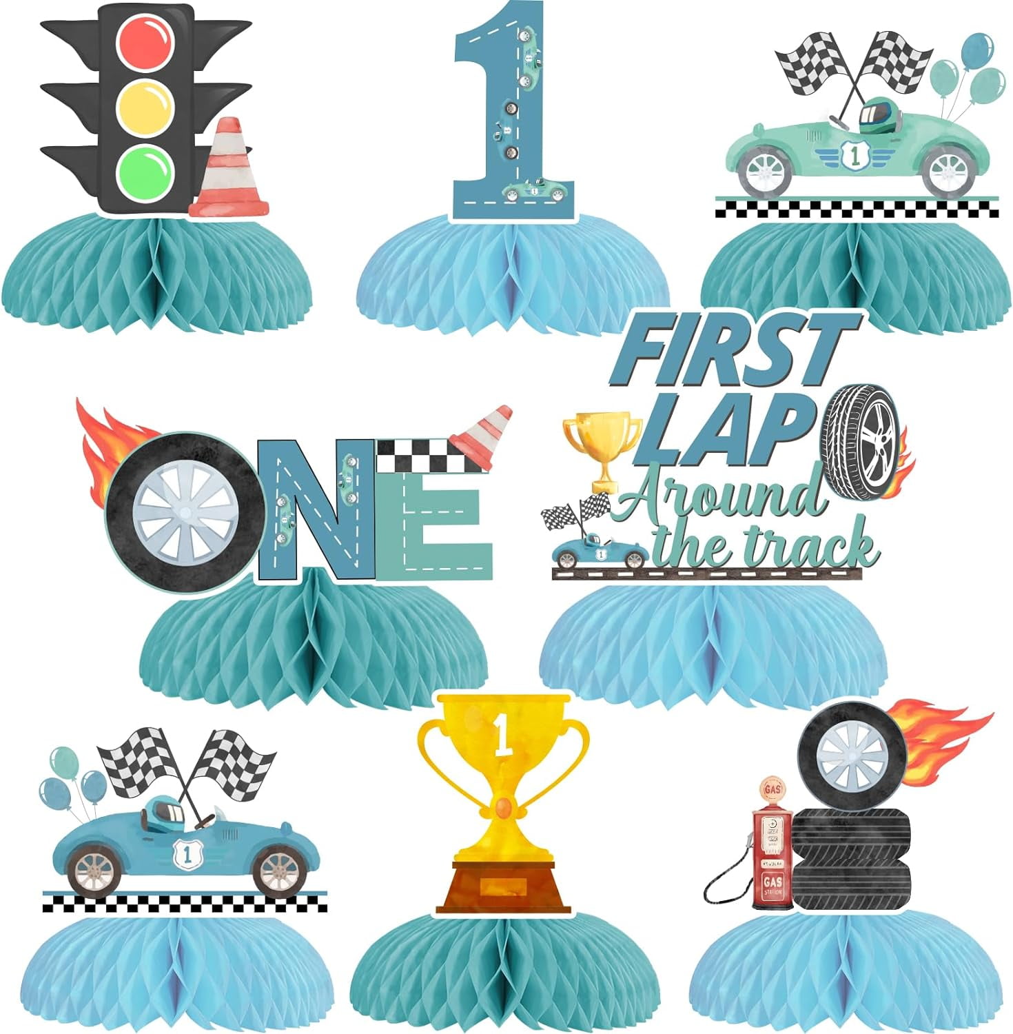 8pcs First Lap Around The Track Birthday Honeycomb Centerpieces Racing ...