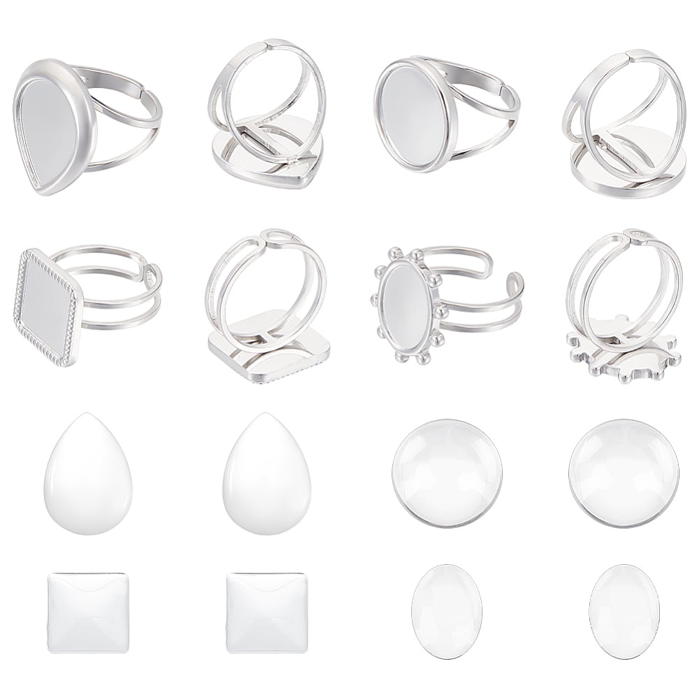 8pcs Glass Cabochon Set - Teardrop Square Oval & Round Base Ring Blank ...