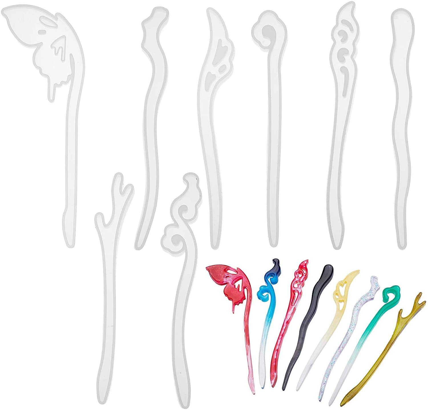 DIY 8pcs Hairpin Molds Hair Stick Silicone Molds Headdress Epoxy Resin ...