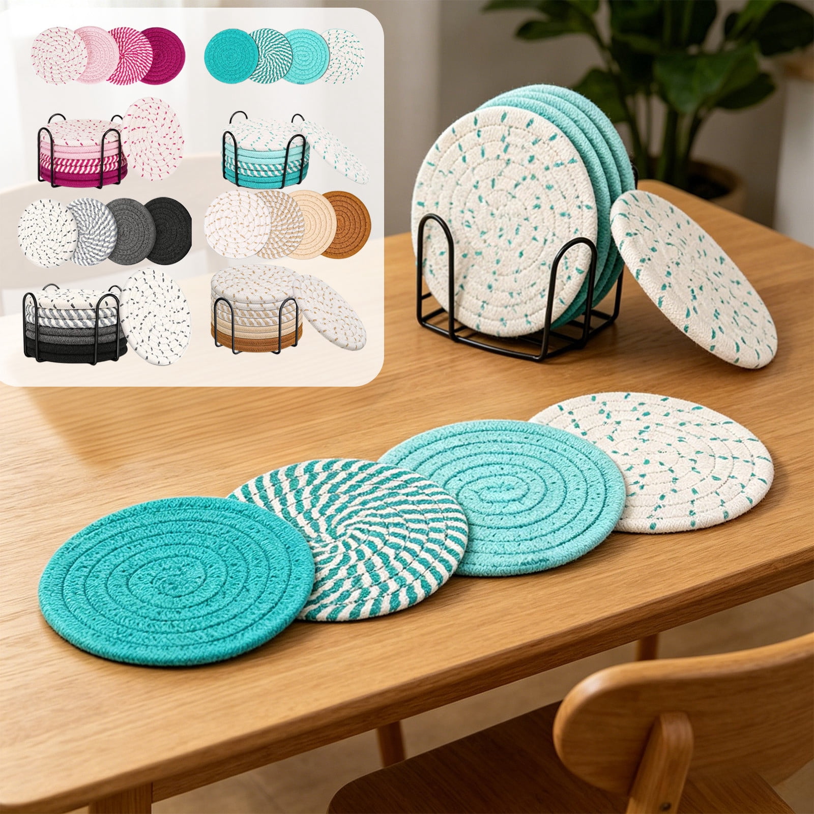 8pcs Hand Woven Cotton Drink Coaster Set, with Matching Storage Holder ...