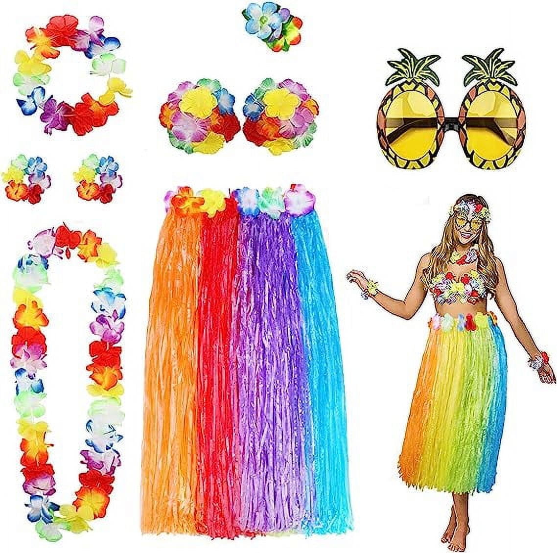8 Pack Hula Skirt Kit for Women Men kids Hawaiian Luau Party Supplies ...