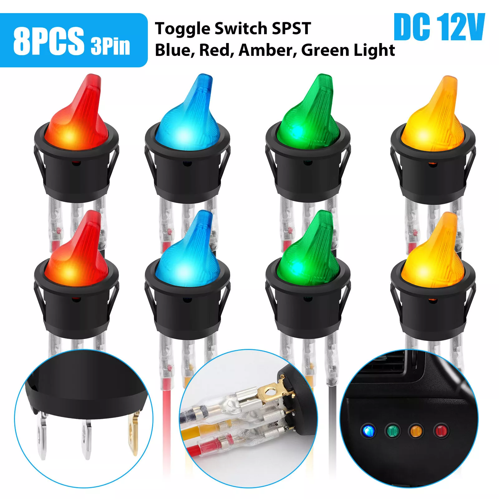 8pcs LED Lighted Rocker Toggle Switch 3 Pin ON/Off SPST for Car, 12V ...