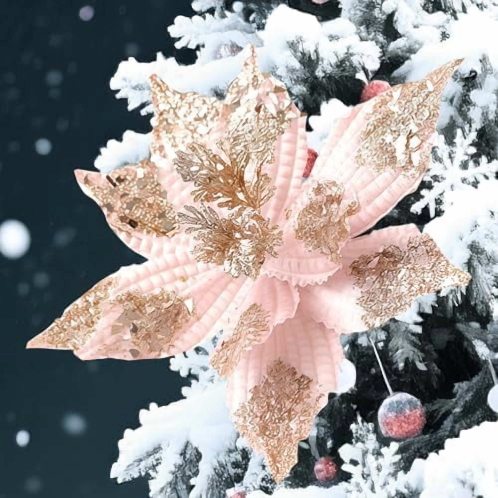 8pcs Large Glitter Christmas Flowers Poinsettia Artificial 11’’ Pink ...