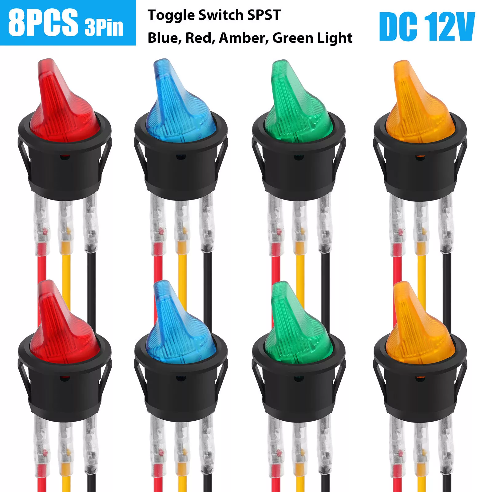 8pcs Lighted Rocker Toggle Switch 12V 20A ON/Off SPST 3 Pin Switch for ...