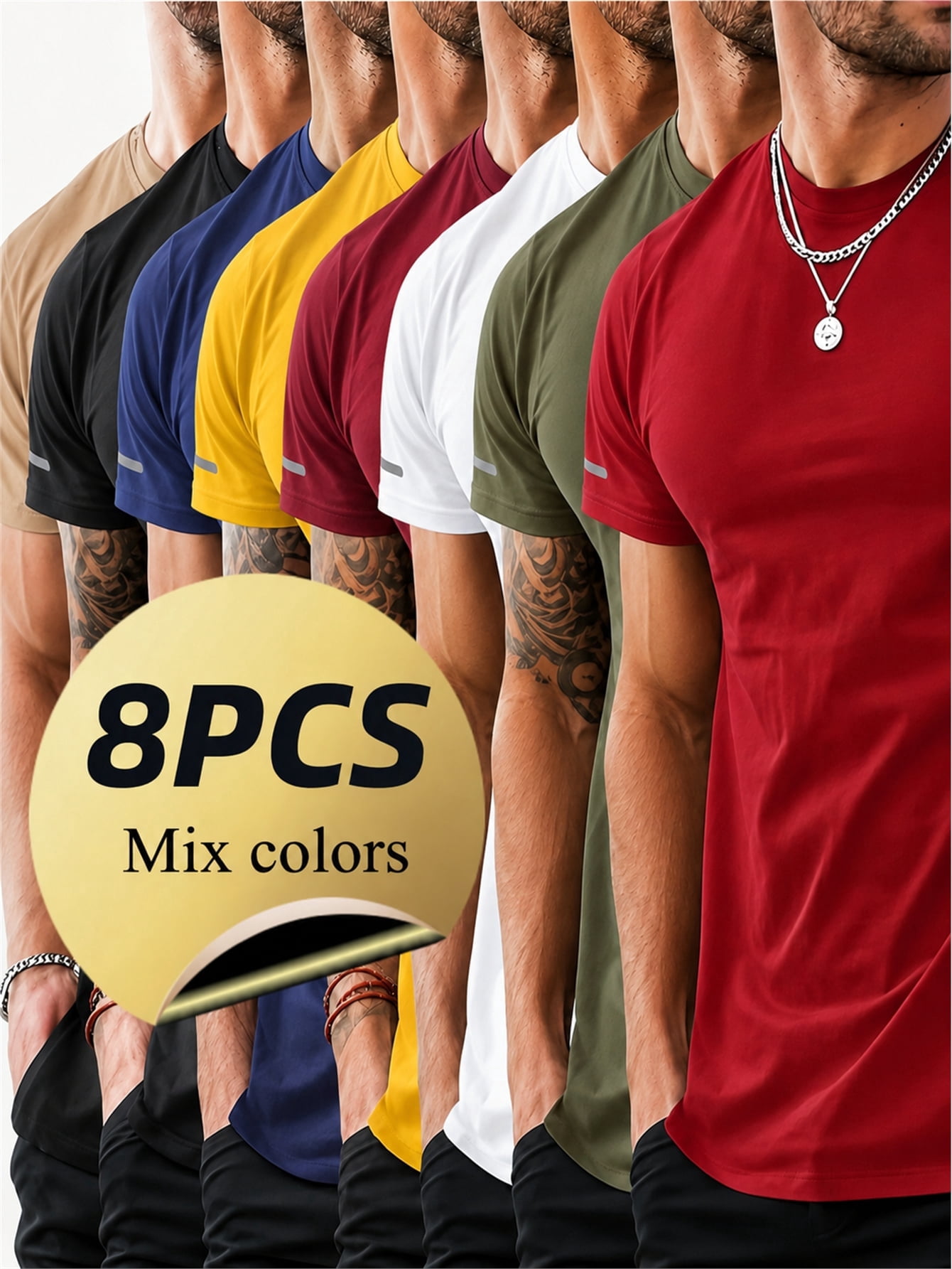 8pcs Men'S Quick-Dry Breathable Workout T-Shirts - Solid Color Crew ...