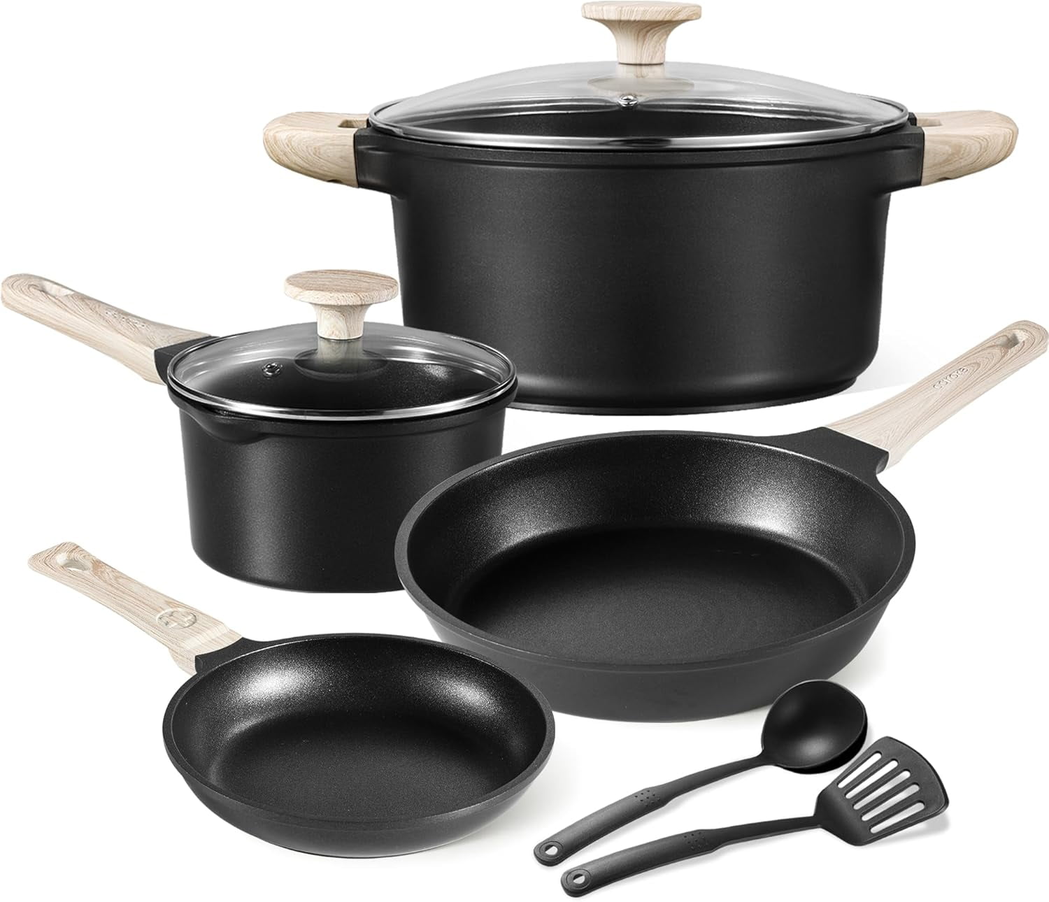 8pcs Pots and Pans Set Non Stick, Black Nonstick Cookware Set, Kitchen Pot and Pan Set with Lids ...