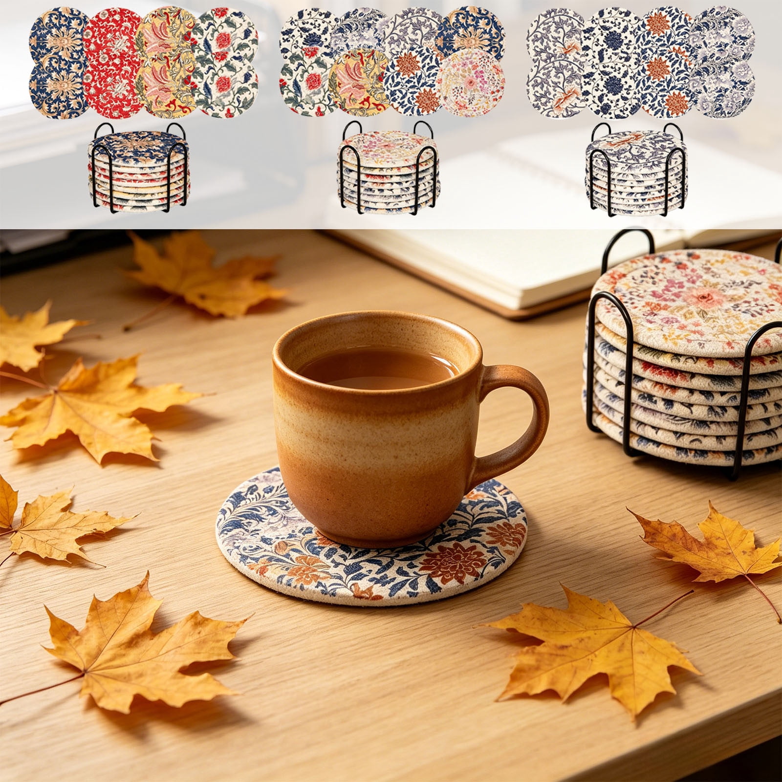 8pcs Round Vintage Woven Cotton Cup Coasters with Holder, Heat ...