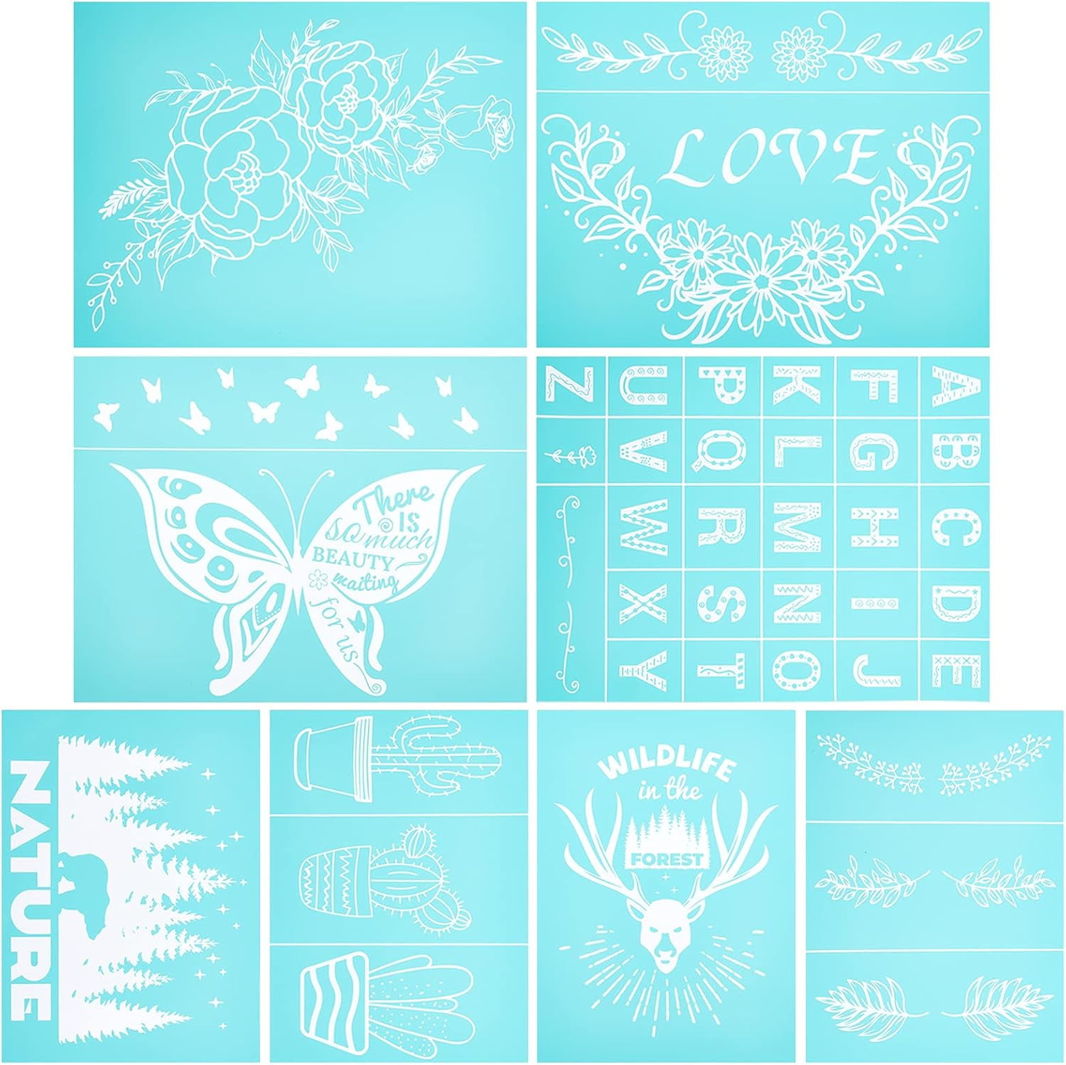 8pcs Self-Adhesive Silk Screen Printing Stencil Animal Plant Alphabet ...