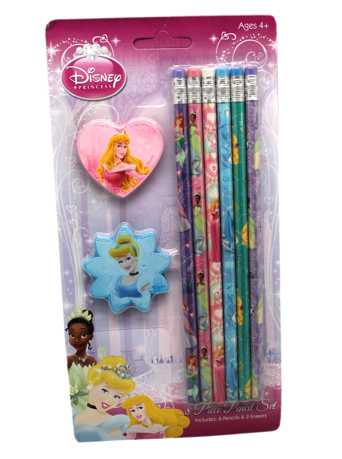 8pcs Set Disney Princess Pencil And Erasers Set- Ariel Belle Cinderella ...