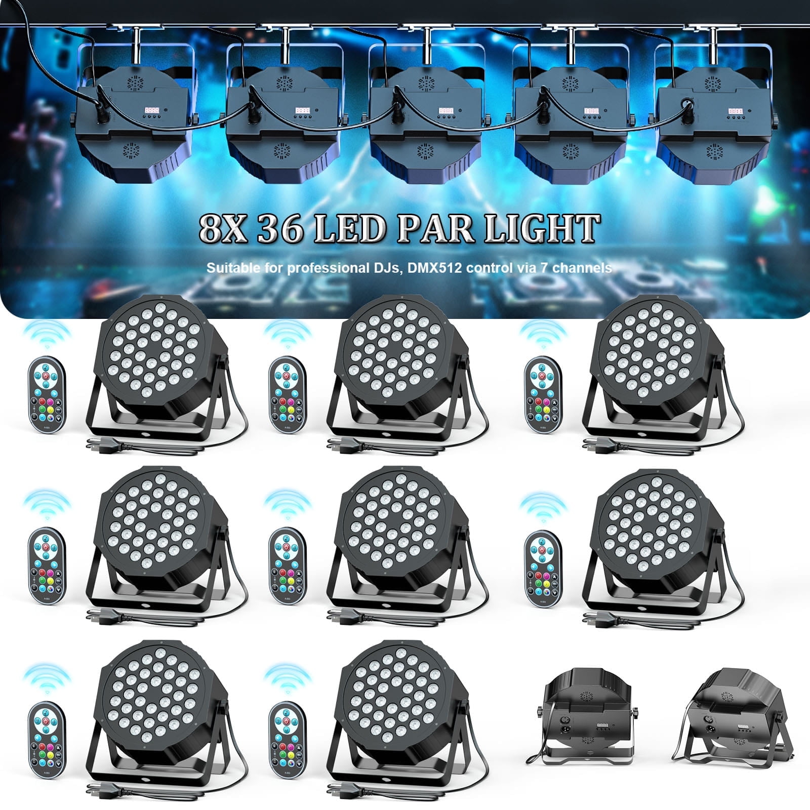 8pcs Stage Lights 36 DJ LED Par Light RGB Party Lights Uplights with Sound Activated Remote DMX ...