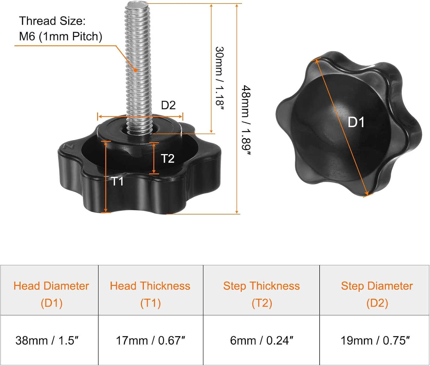 8pcs Star Knobs M6 x 30mm 304 Stainless Steel Threaded Stud 38mm ...