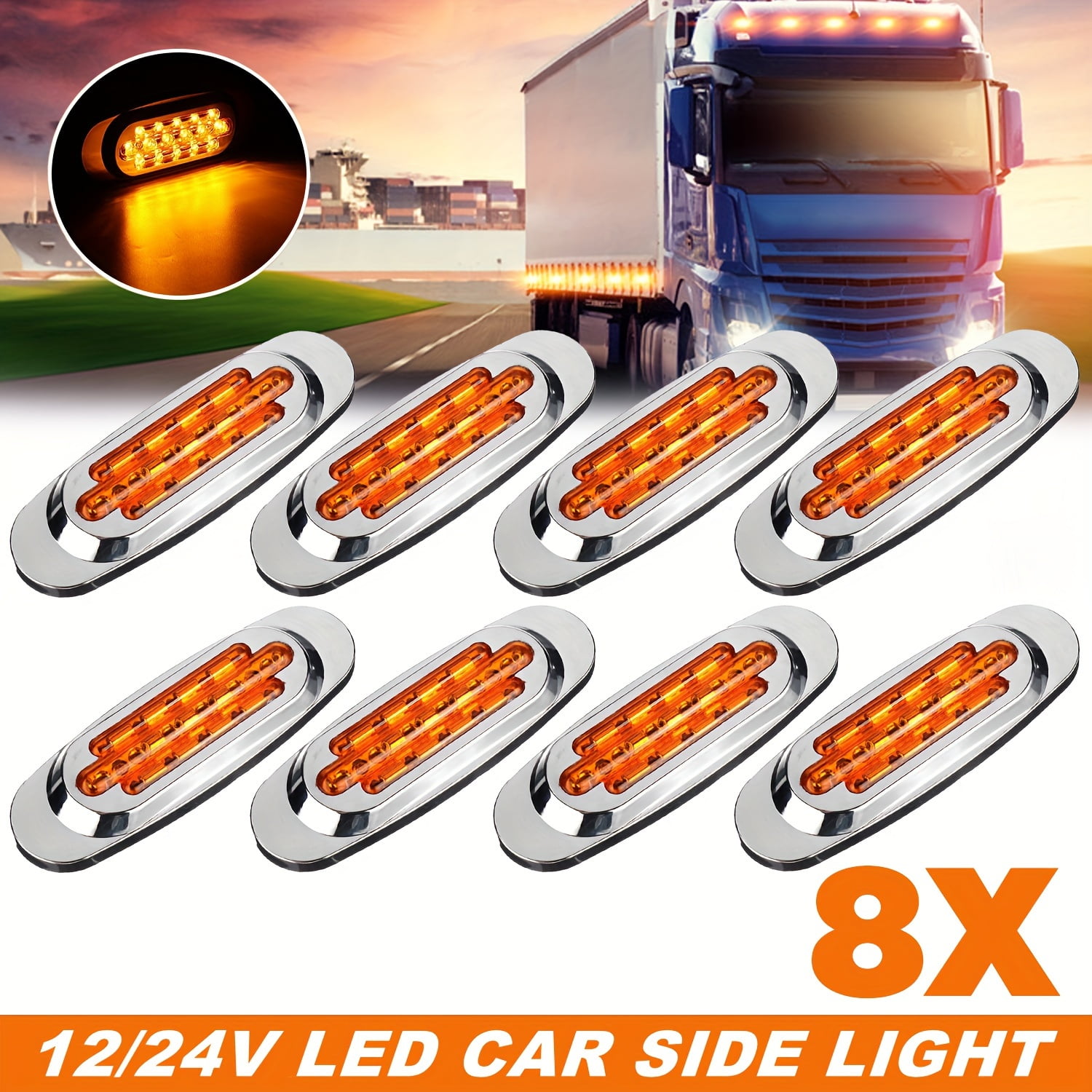 8pcs Ultra-Bright 16LED Car Side Marker Lights (12-24V) - Amber/White ...