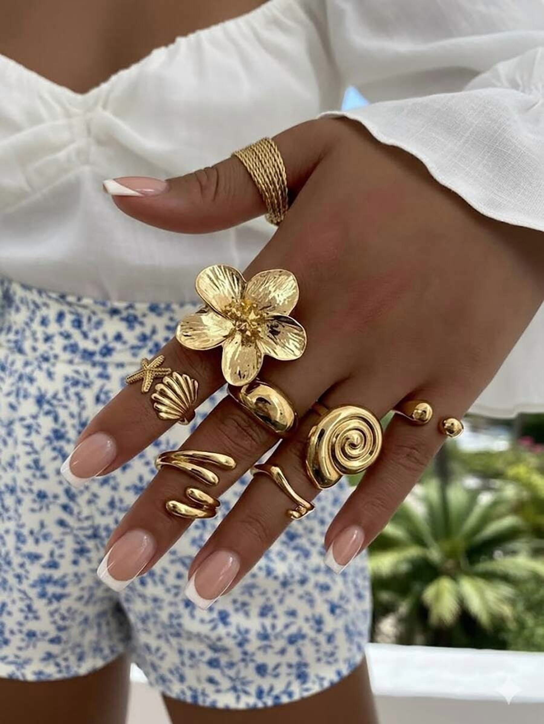 8pcs Vintage Ocean Style Yellow Gold Rings Set: Starfish, Shell, Flower ...