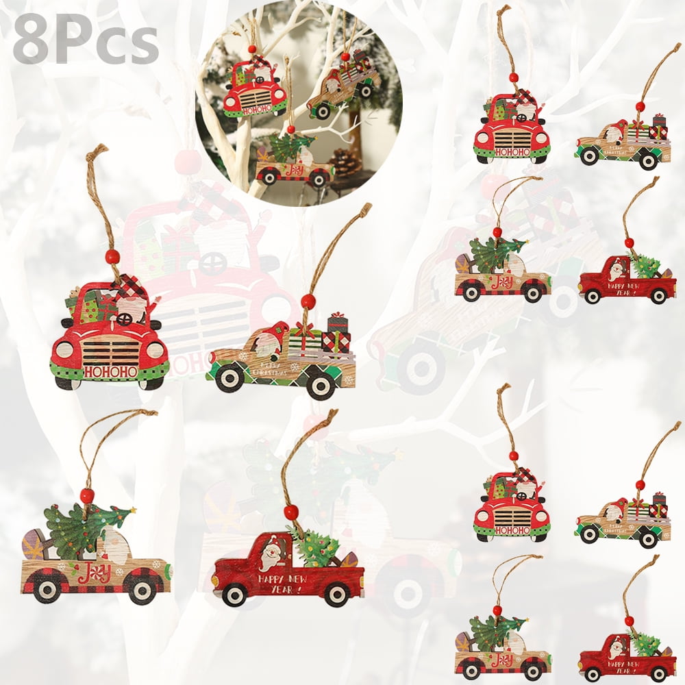 8pcs Wooden Christmas Ornaments Set, Red Truck Ornaments, Christmas ...
