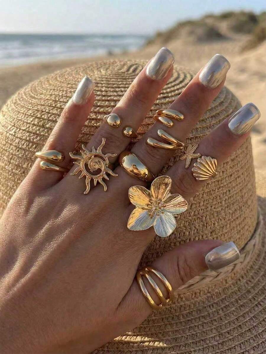 8pcs Yellow Gold Summer Vintage Beach Ring Set Sun Starfish Shell ...