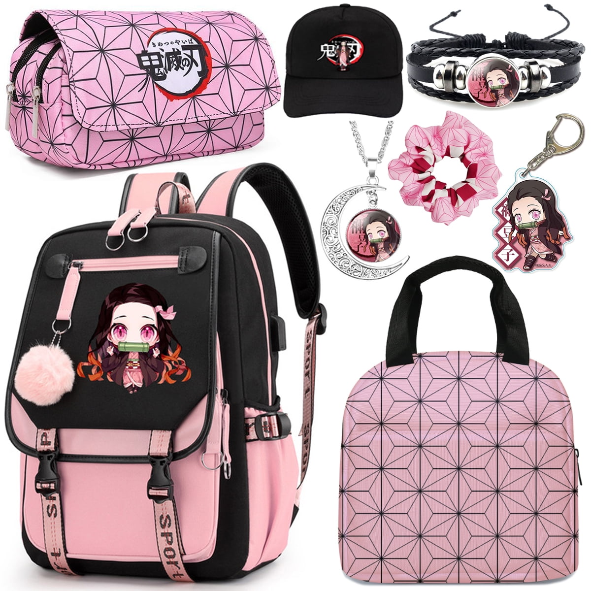 8pcs/kit Nezuko Backpack with USB Charging Port, Bookbag - Walmart.com