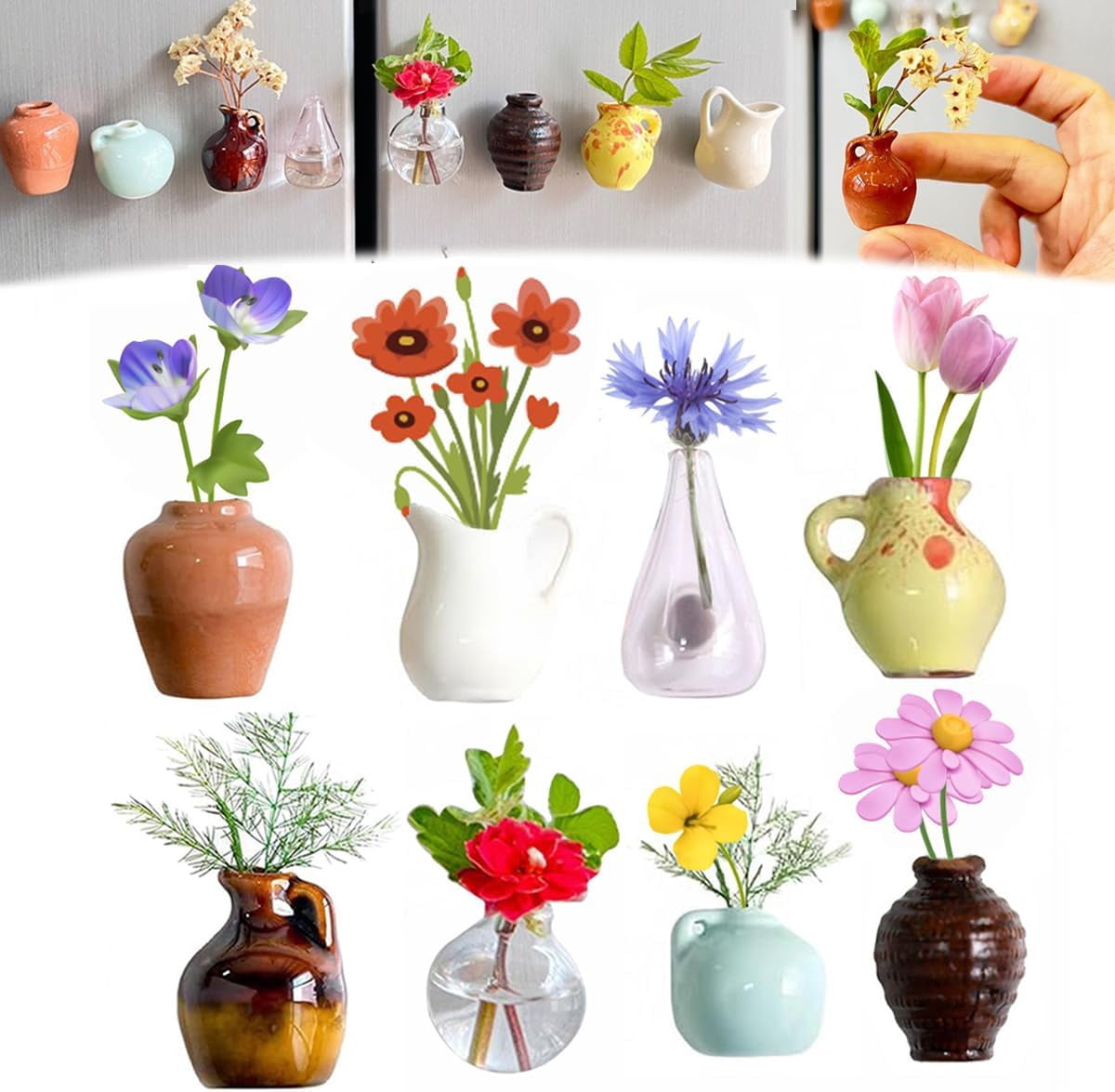 8pcs mini vase magnets for fridge, 3d ceramic flower vases cute plant ...