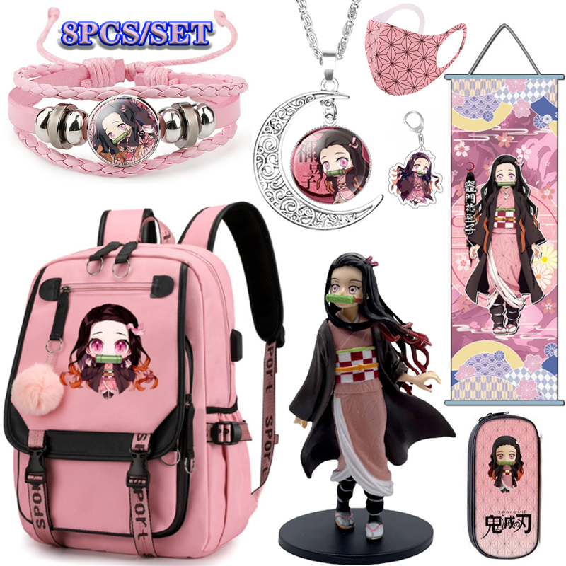 Demon Slayer Merch: 8pcs Nezuko Themed Backpack Set with Doll, Keychain ...