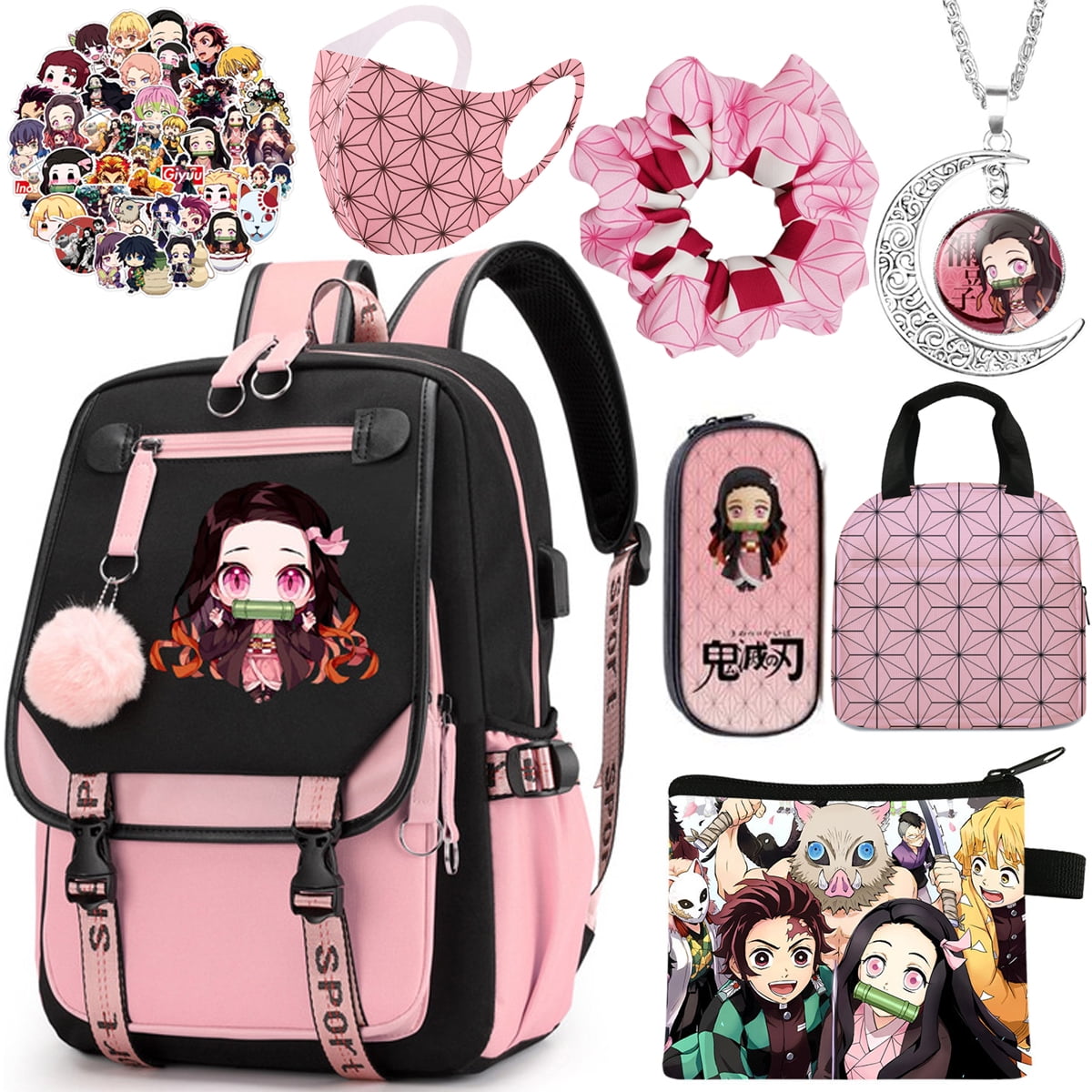 8pcs/set Nezuko Backpack with USB Charging Port, Bookbag - Walmart.com