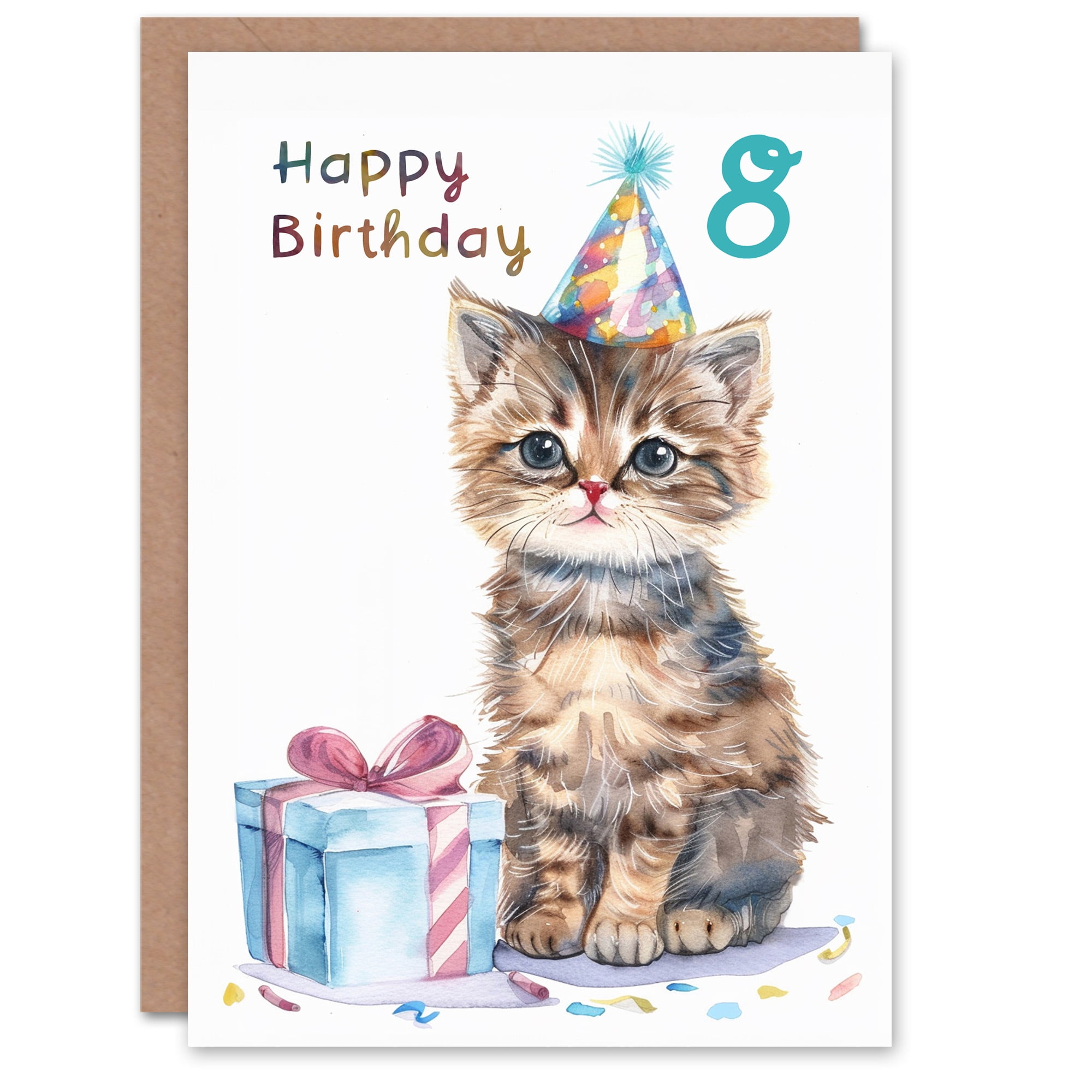 8th Birthday Card Cute Baby Cat Kitten Party Hat Kids Age 8 Year Old ...