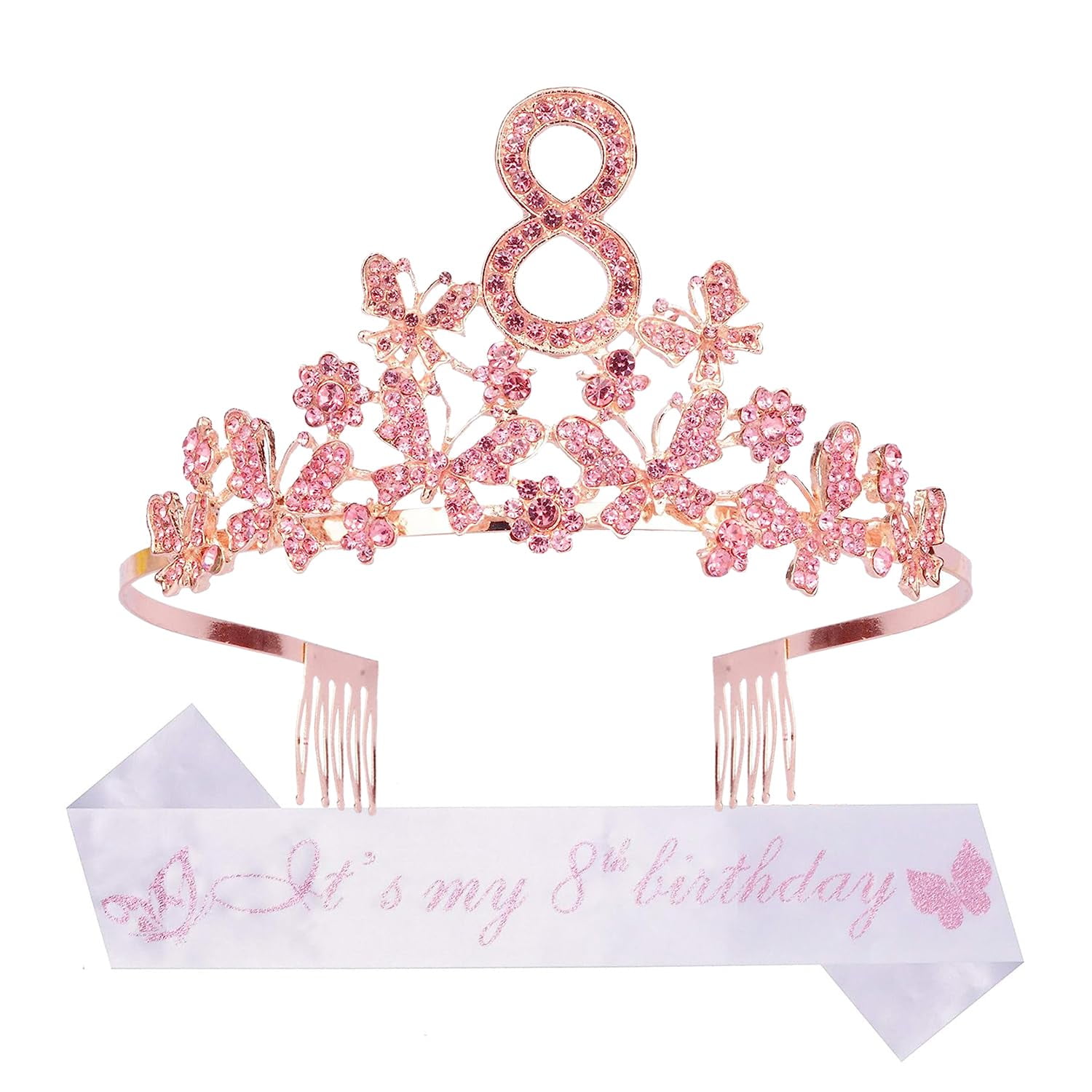 8th Birthday Sash and Tiara for Girls - Fabulous Glitter Sash + Butterflies Rhinestone Pink ...