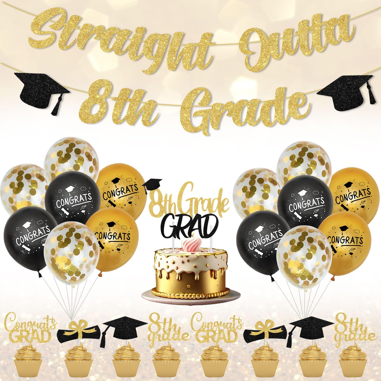 8th Grade Graduation AJH3 Decorations 2025, Gold Glitter Straight 8th ...