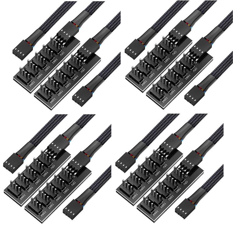 8x PWM Fan Hub Splitter, 4 Pin Black Sleeved 5 Way PC CPU Cooling Case ...