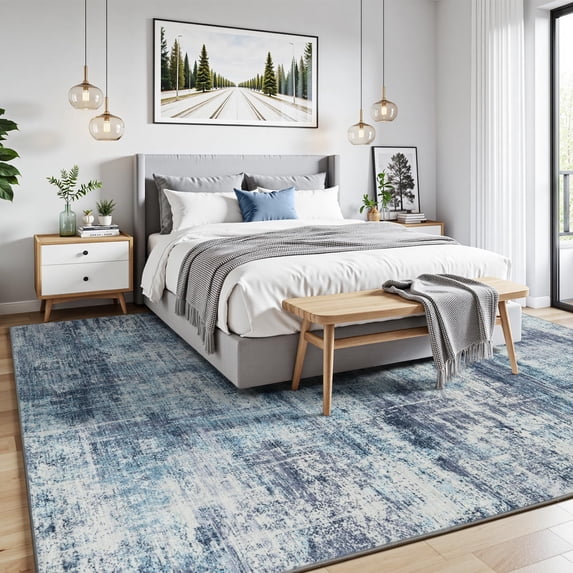 8x10 Area Rug For Living Room Blue Abstract Large Rugs With Non-slip ...