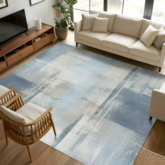 8x10 Area Rugs Blue Beige Non-Skid Rubber Backing Large Rectangle Rugs ...