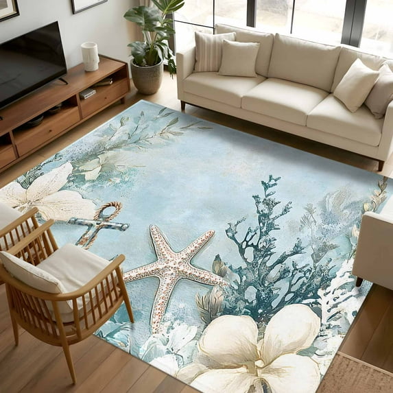 8x10 Area Rugs, Blue Coastal Non-Skid Rubber Backing Large Rectangle ...