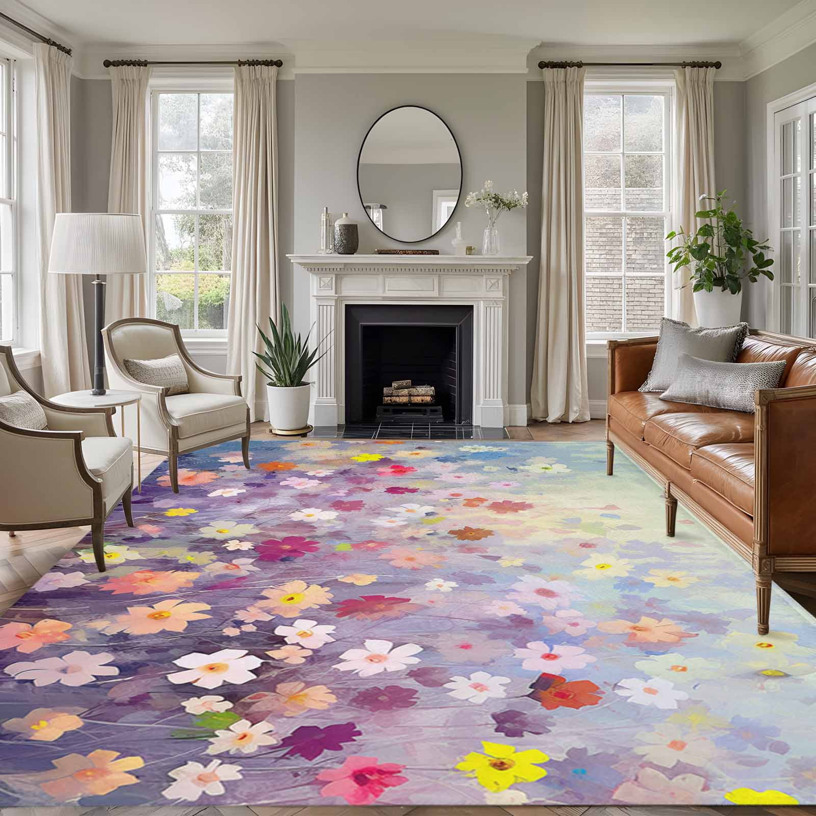 8x10 Area Rugs, Blue Spring Floral Non-Skid Rubber Backing Large ...
