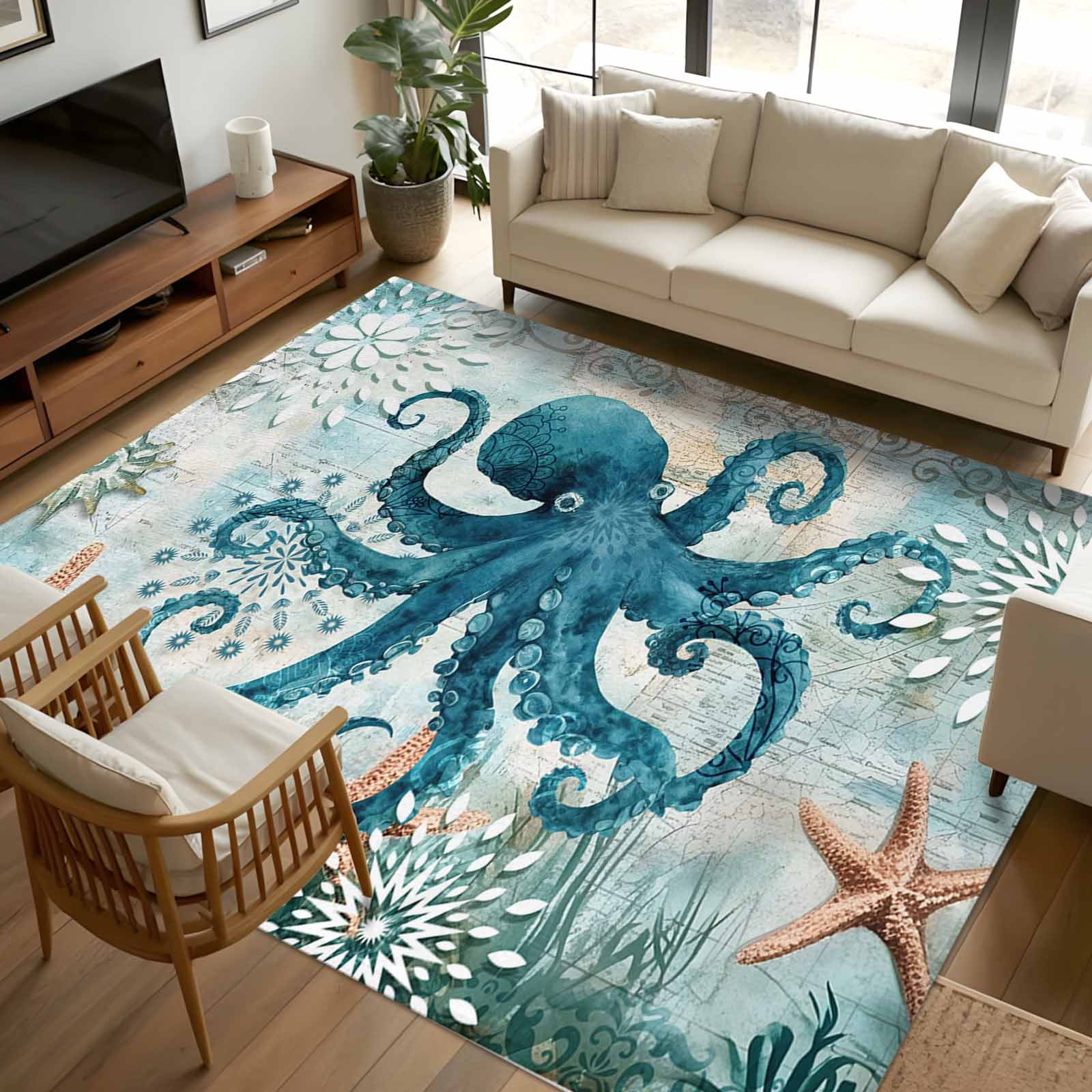 8x10 Area Rugs Coastal Octopus Non-Skid Rubber Backing Large Rectangle ...
