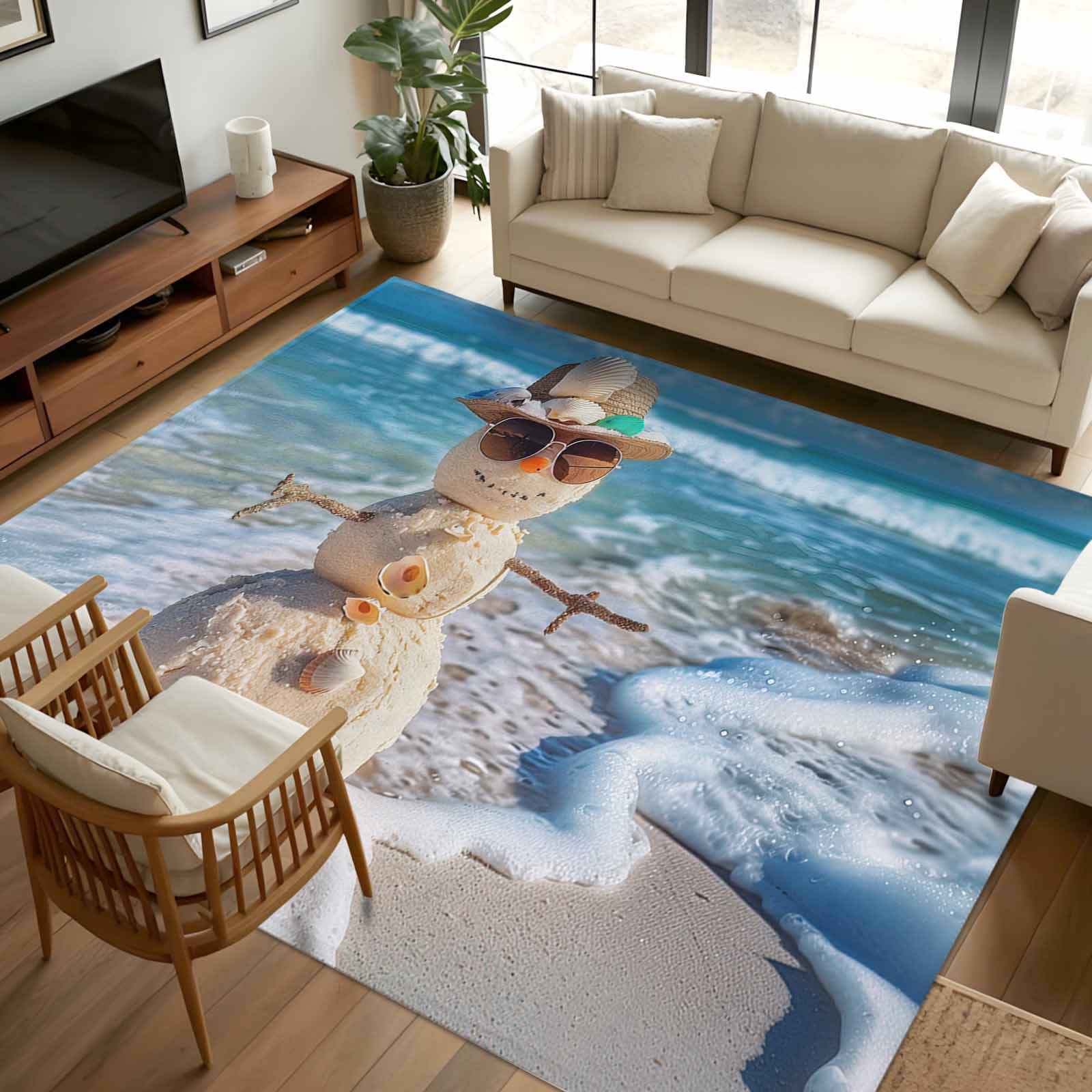 8x10 Area Rugs Coastal Snowman Christmas Non-Skid Rubber Backing Large Rectangle Rugs - Living ...