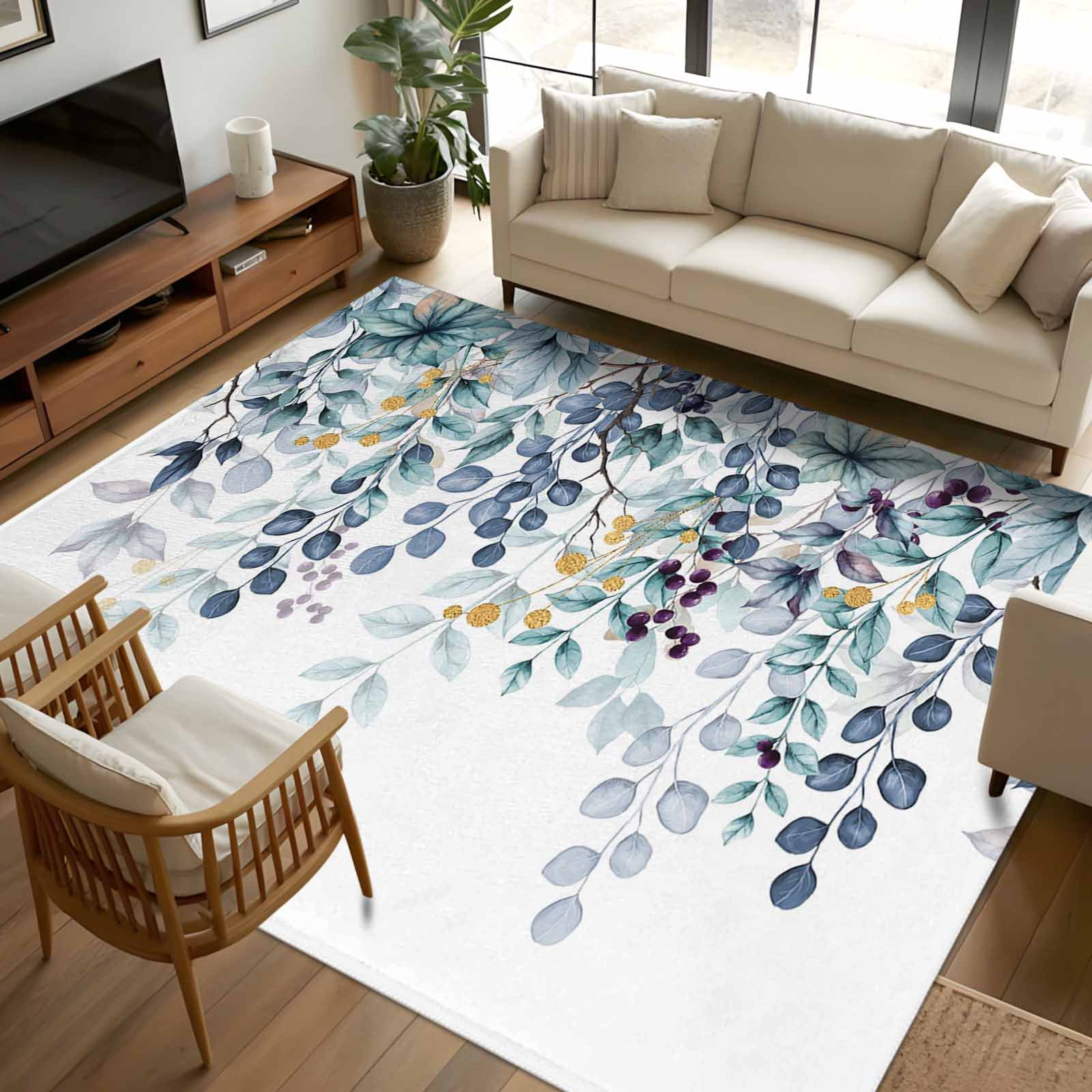 8x10 Area Rugs, Green Blue Eucalyptus Leaves Non-Skid Rubber Backing ...