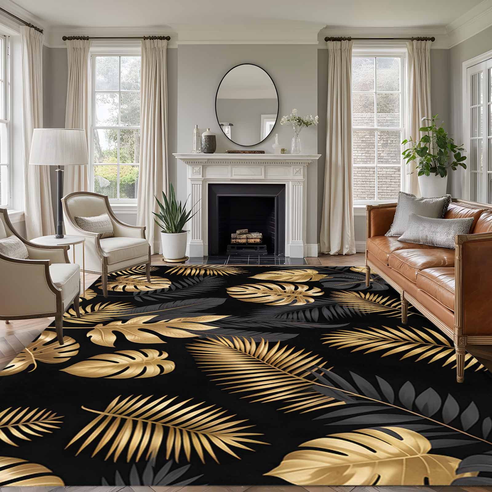 8x10 Area Rugs for Living Room, Black Golden Palm Leaf Non Slip Area ...