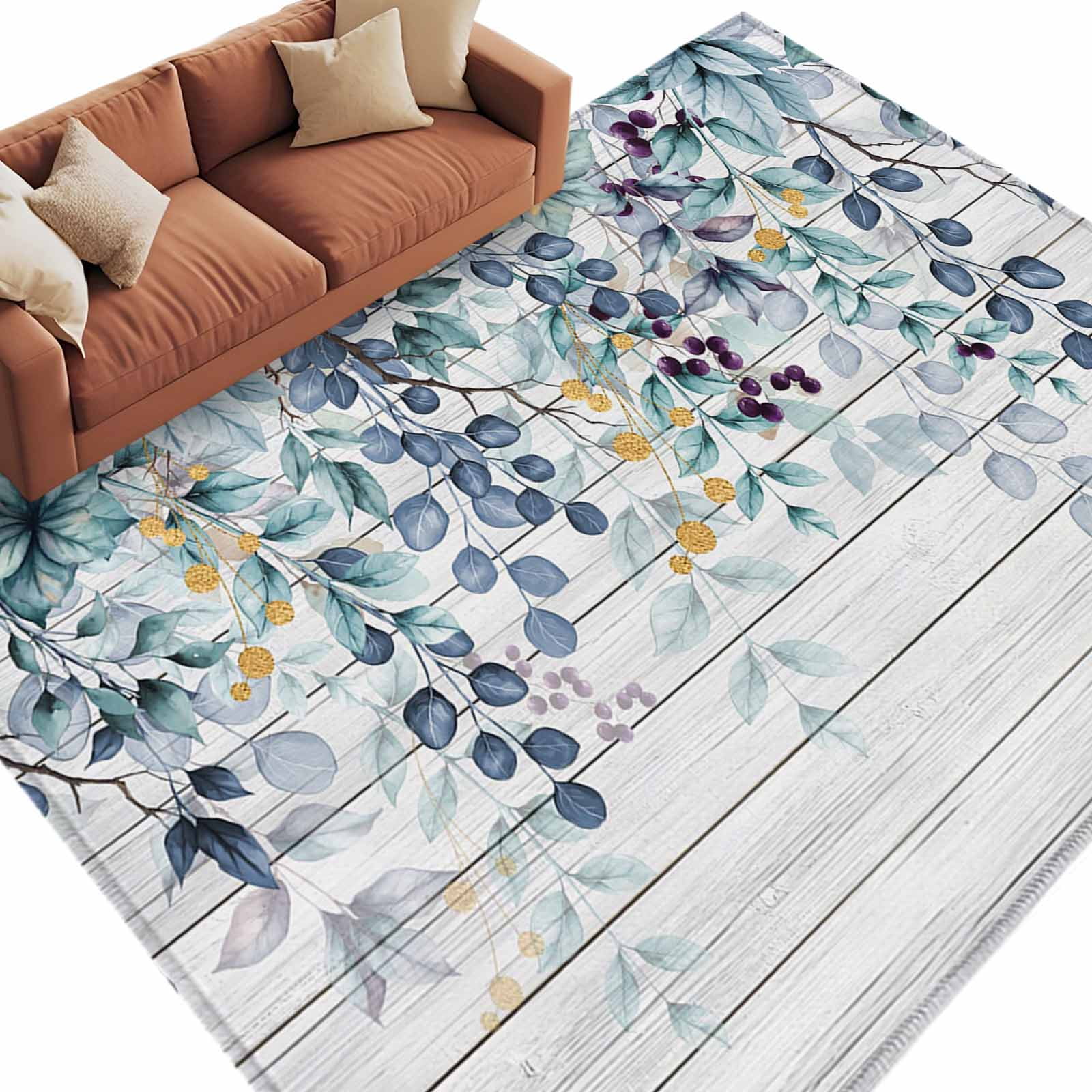 8x10 Area Rugs for Living Room, Blue Eucalyptus Leaves Non Slip Area ...