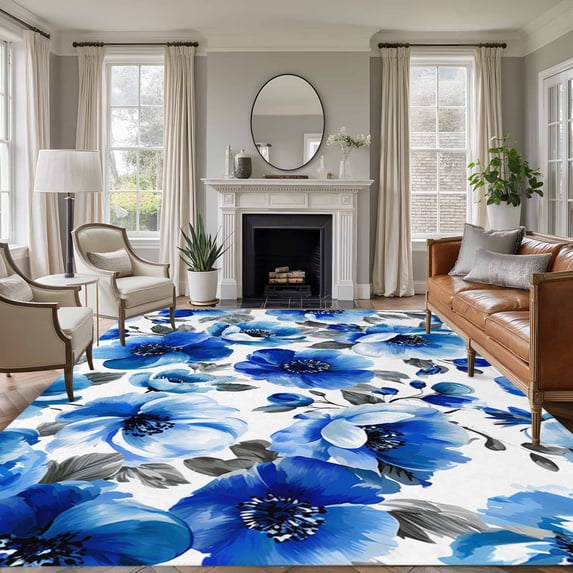 8x10 Area Rugs for Living Room, Blue Flowers Non Slip Area Rugs for ...