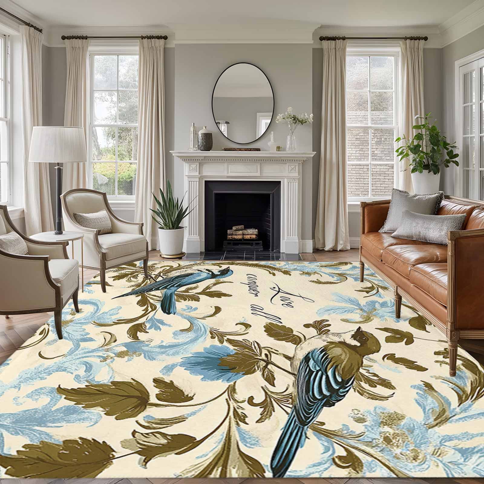 8x10 Area Rugs for Living Room, Blue Spring Floral Non Slip Area Rugs ...