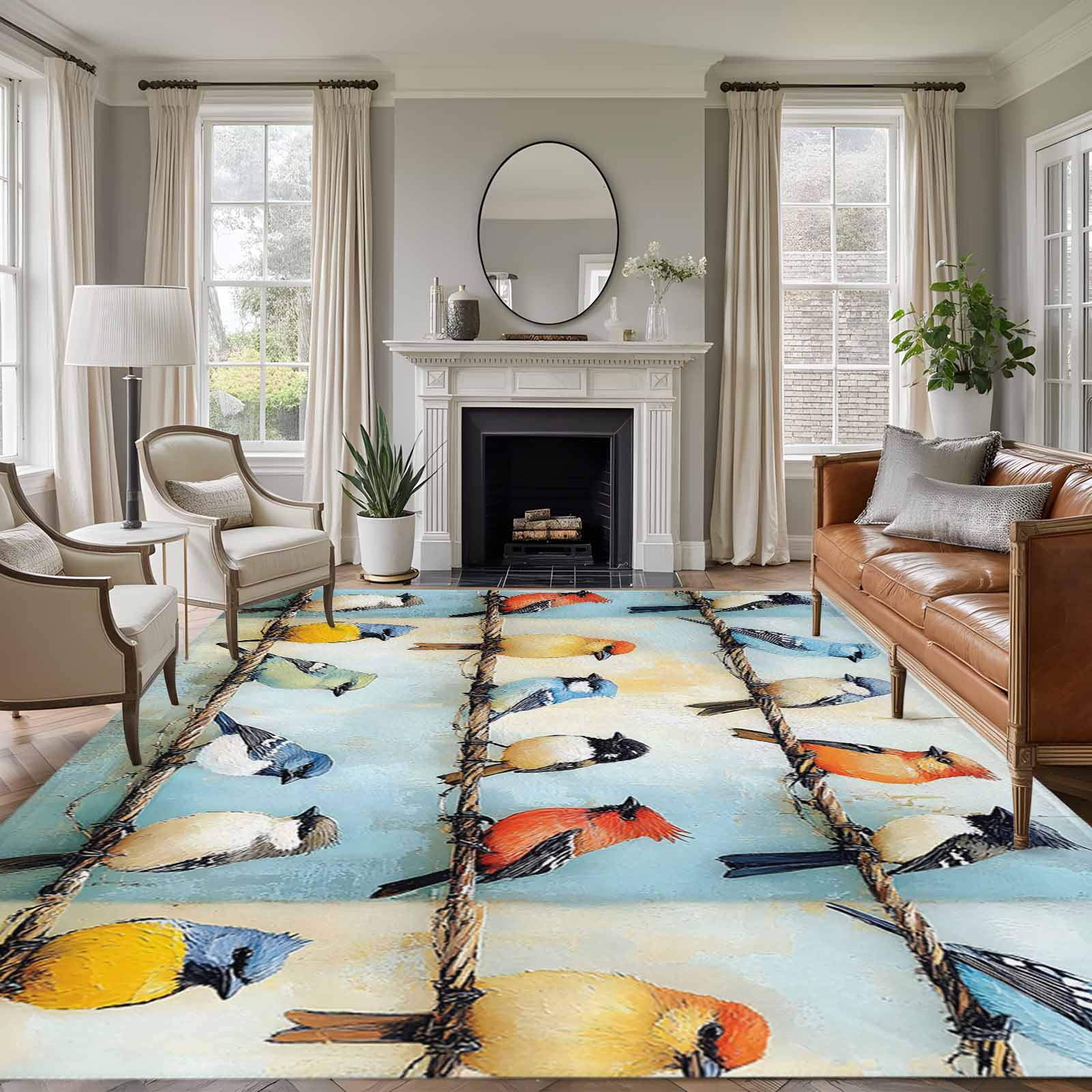 8x10 Area Rugs for Living Room, Colorful Birds Oil Painting Non Slip ...