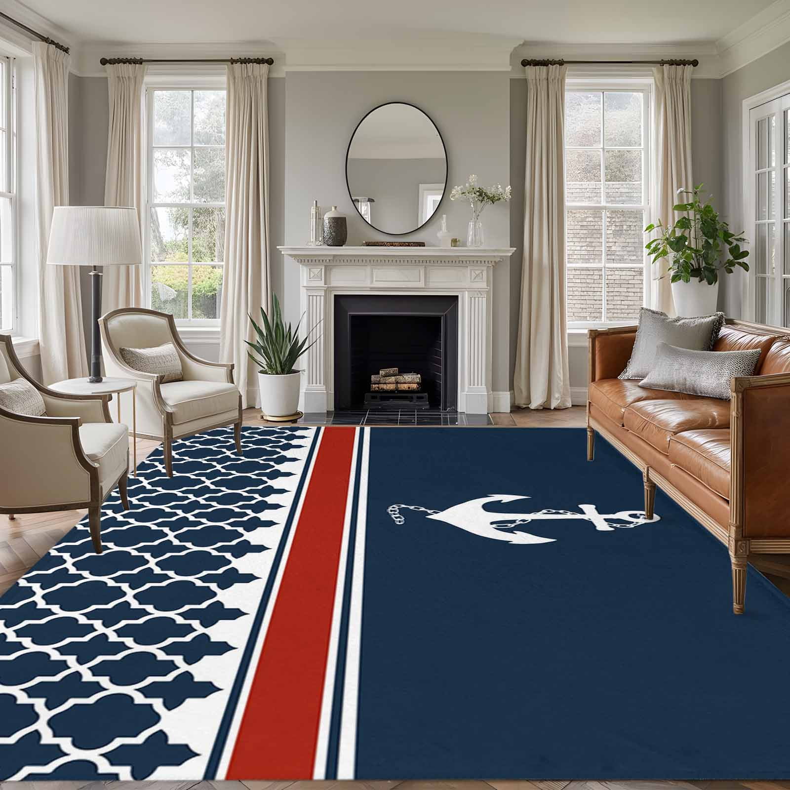 8x10 Area Rugs for Living Room, Navy Blue Coastal Non Slip Area Rugs ...
