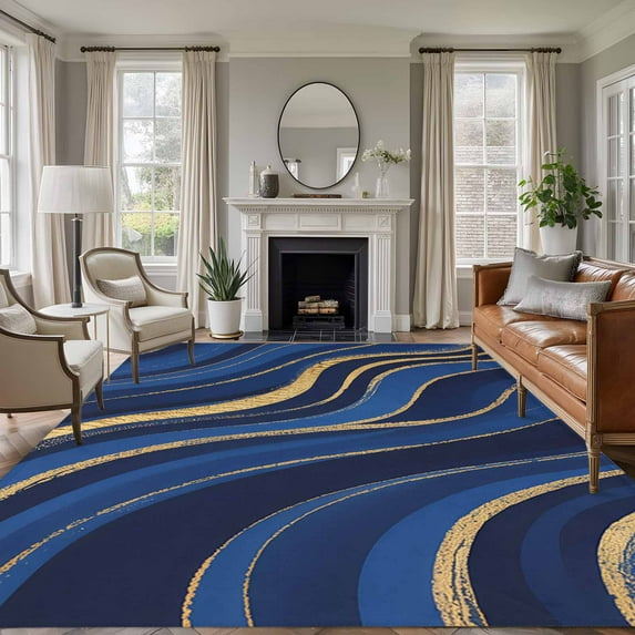 8x10 Area Rugs for Living Room, Navy Blue Moire Non Slip Area Rugs for ...