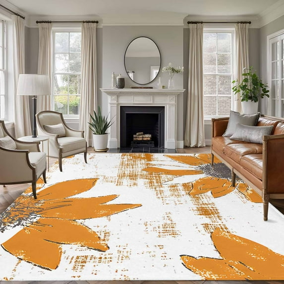 8x10 Area Rugs for Living Room, Orange Spring Floral Non Slip Area Rugs ...