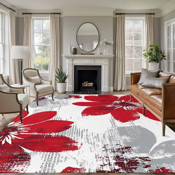 8x10 Area Rugs for Living Room, Red Spring Floral Non Slip Area Rugs ...