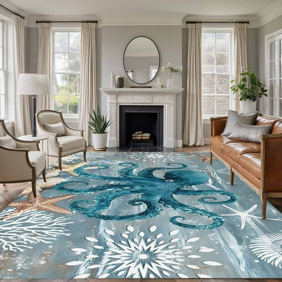 8x10 Area Rugs for Living Room, Teal Coastal Octopus Non Slip Area Rugs ...