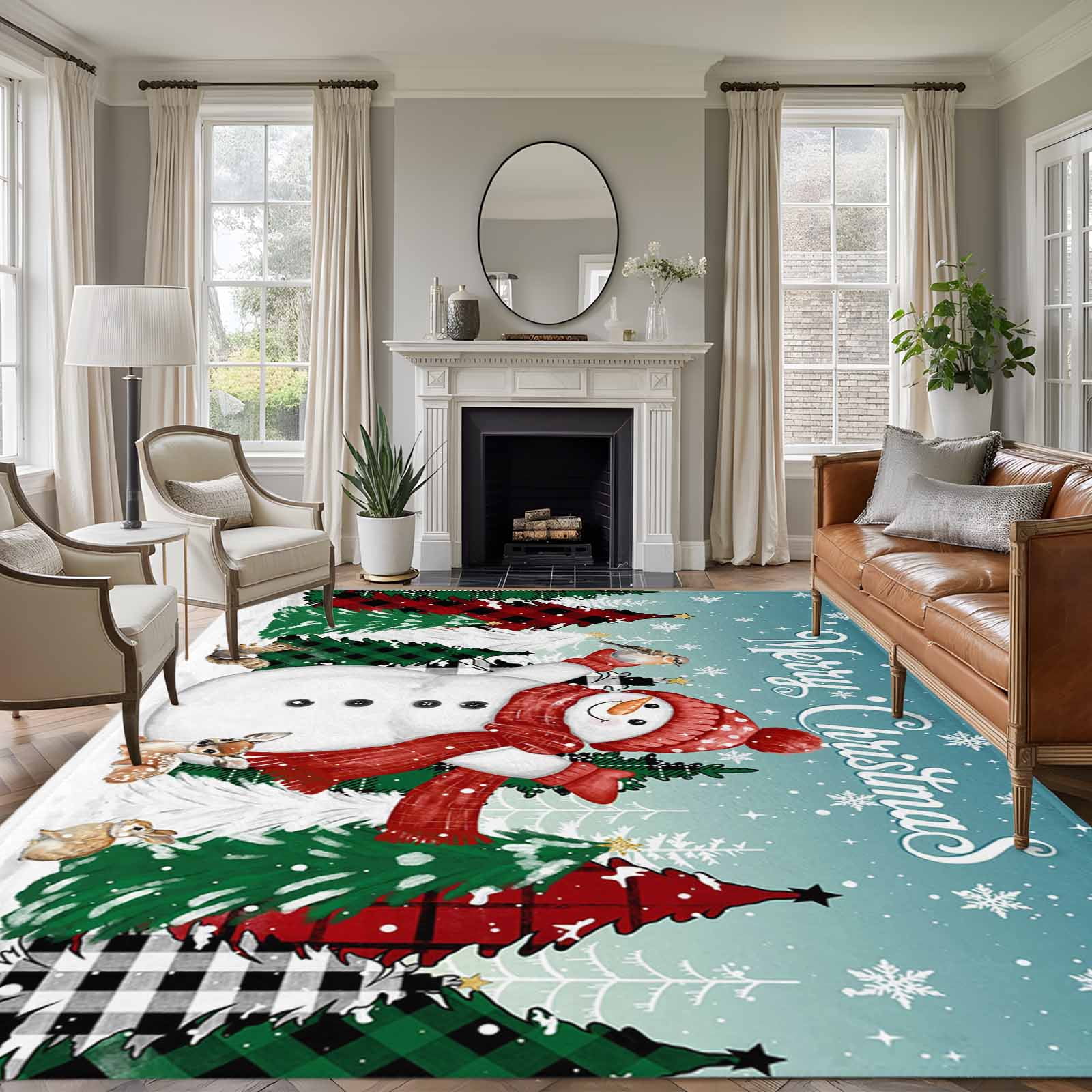 8x10 Area Rugs for Living Room, Teal Snowman Christmas Non Slip Area ...