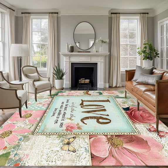 8x10 Area Rugs for Living Room, Vintage Pink Spring Floral Non Slip ...